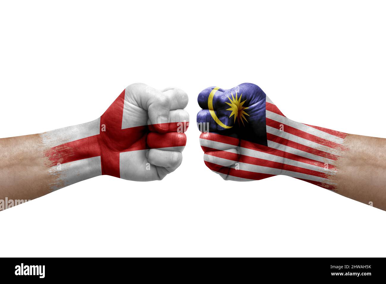 Two hands punch to each others on white background. Country flags ...