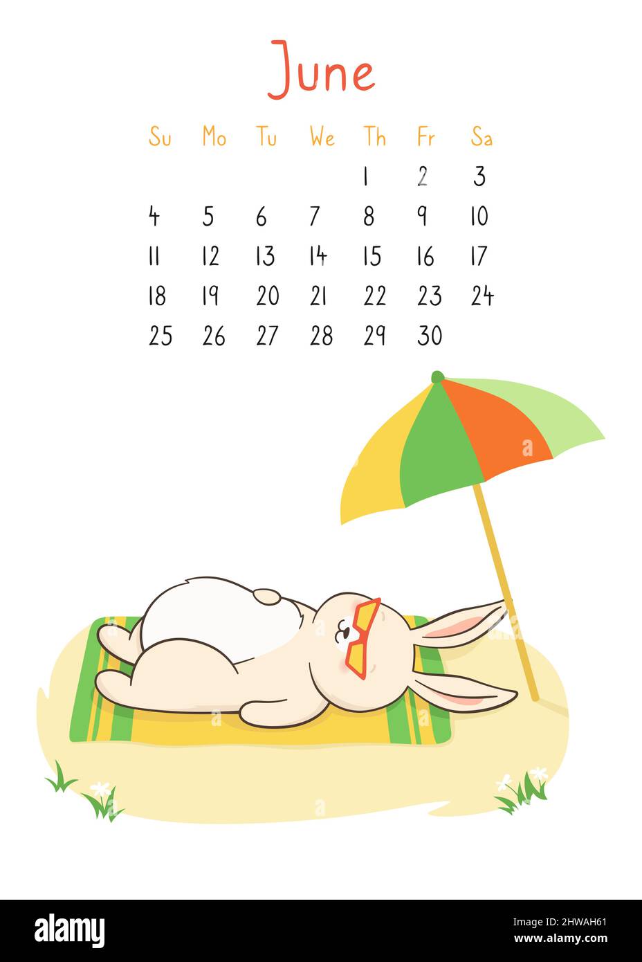 Calendar 2023 with rabbit, calendar page june planner organizer. Bunny ...