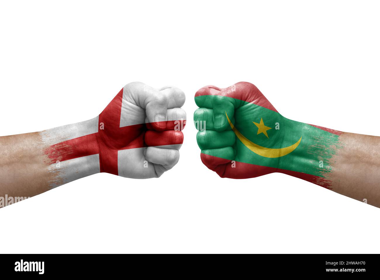 Two hands punch to each others on white background. Country flags ...