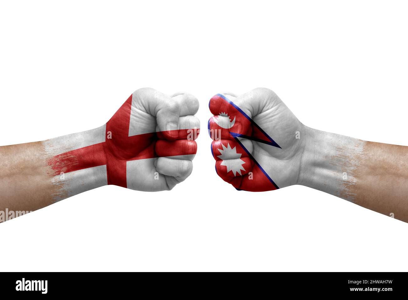 Two hands punch to each others on white background. Country flags ...