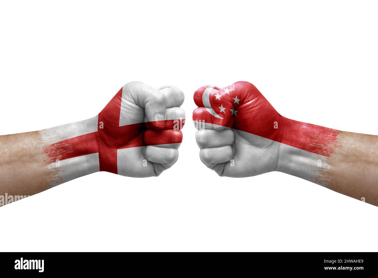 Two hands punch to each others on white background. Country flags ...