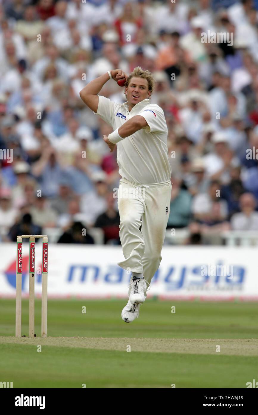 4 August 2005: Australian leg-spin bowler Shane Warne bowls during day ...