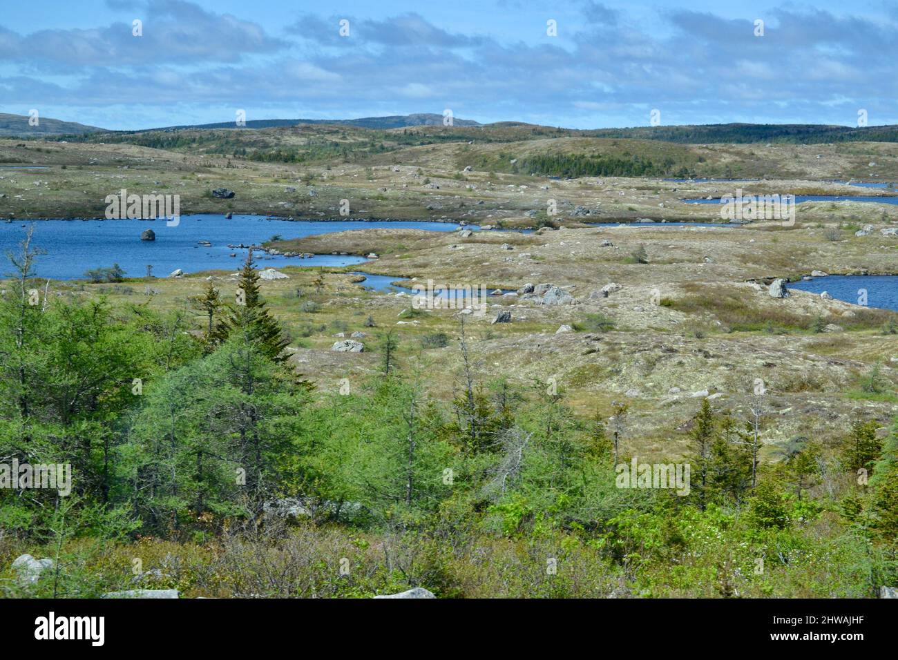 Lakes and rocky landscape along Newfoundland highway during Spring ...