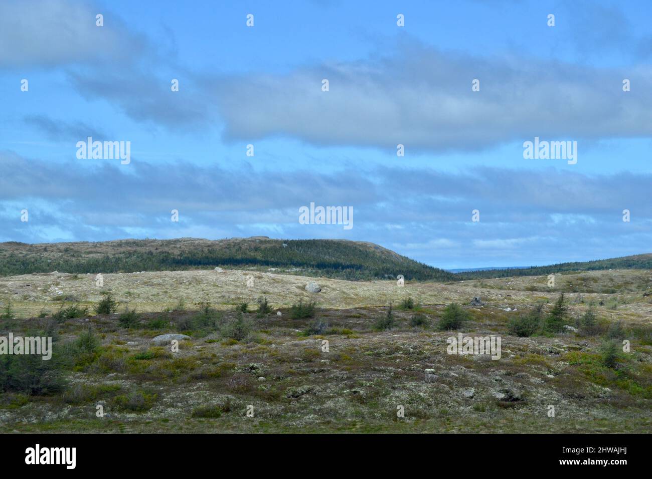 White clouds over rugged landscape along Newfoundland highway during ...