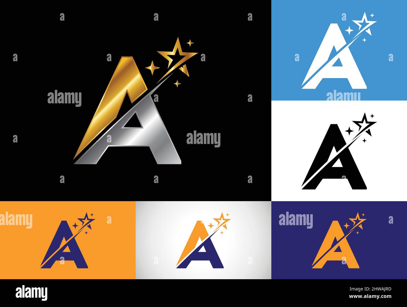 Initial A monogram letter alphabet with swoosh and star logo icon ...