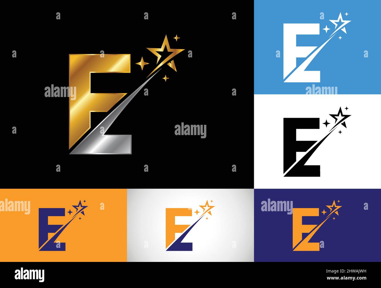 Initial E monogram letter alphabet with swoosh and star logo icon ...