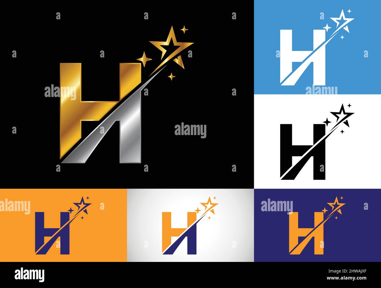 Initial H monogram letter alphabet with swoosh and star logo icon ...