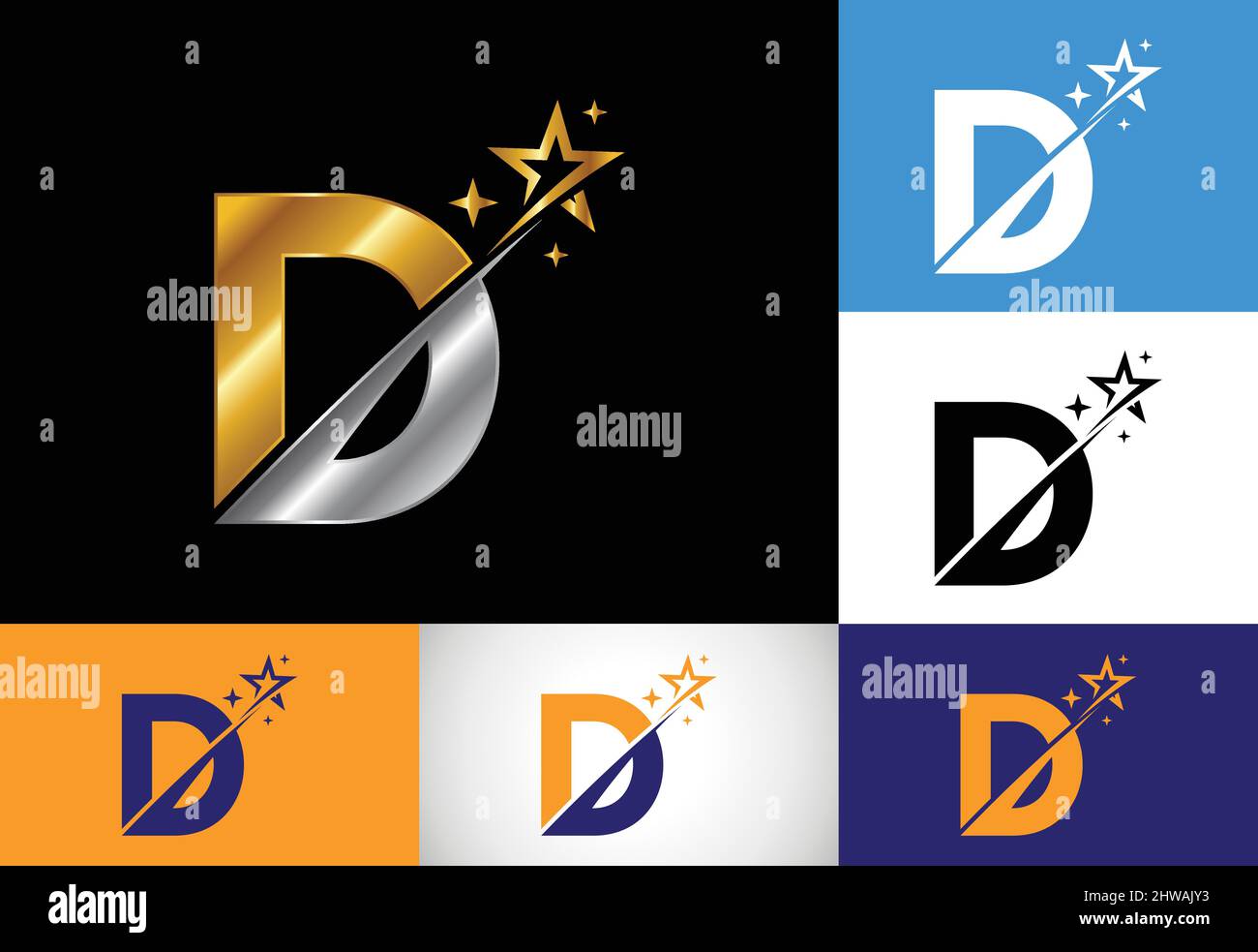 Initial D monogram letter alphabet with swoosh and star logo icon ...