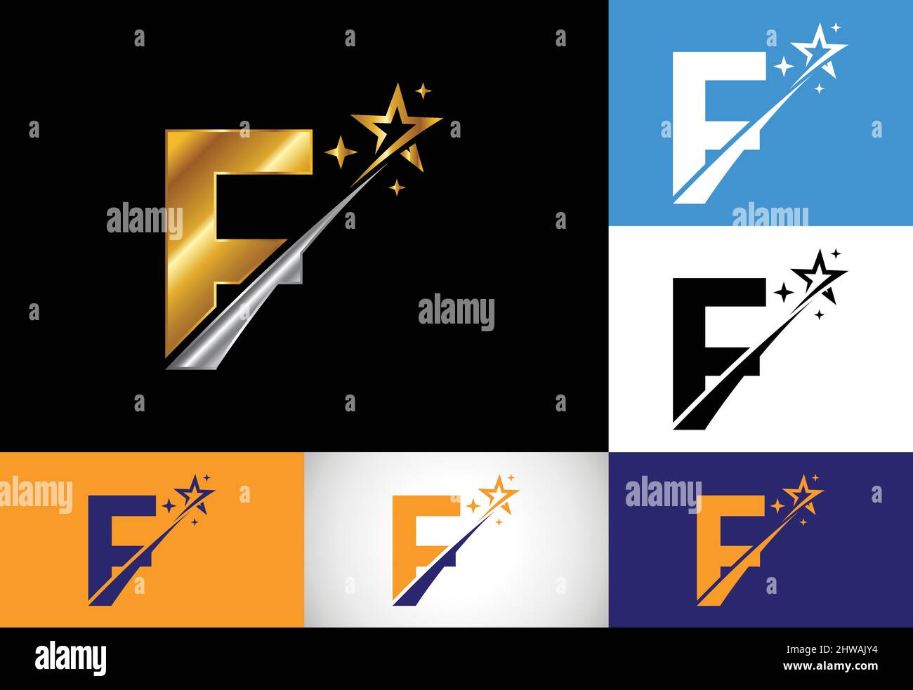 Initial F monogram letter alphabet with swoosh and star logo icon ...