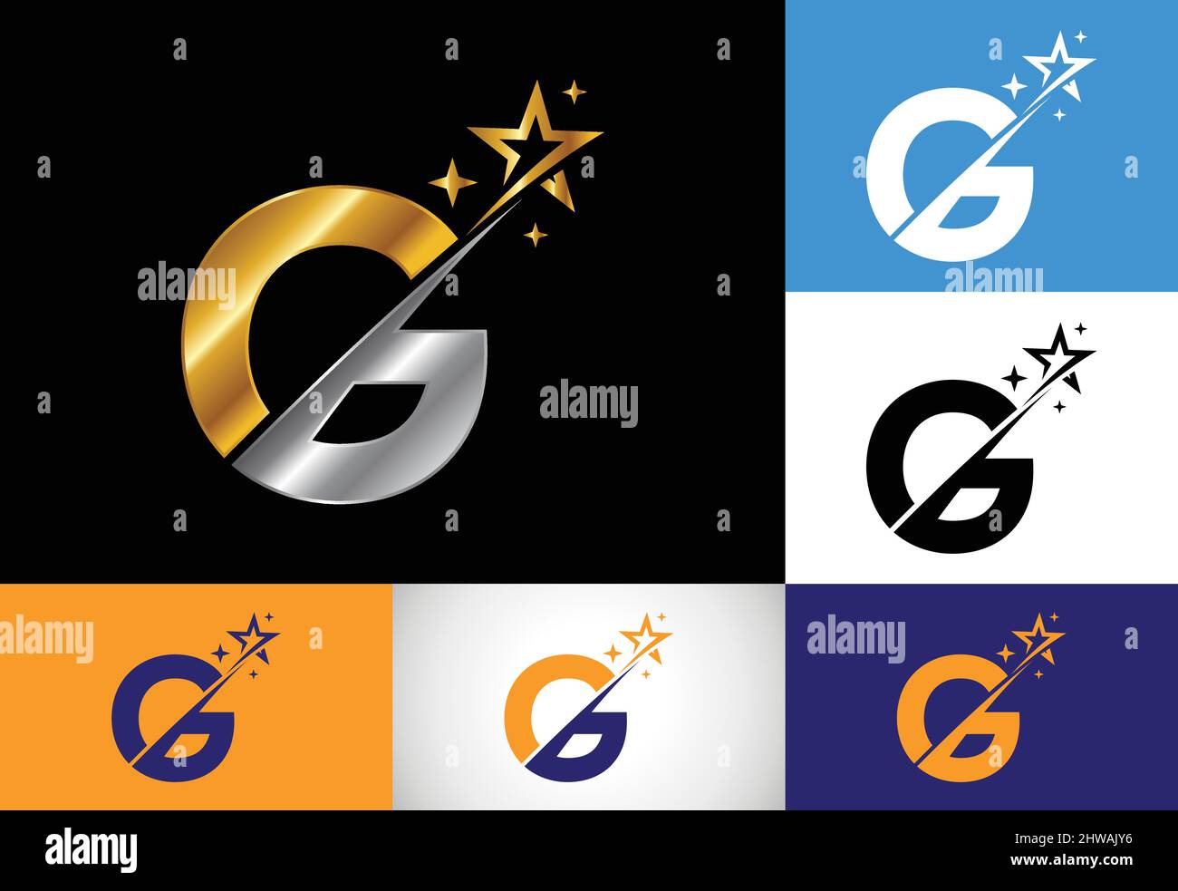 Initial G monogram letter alphabet with swoosh and star logo icon ...