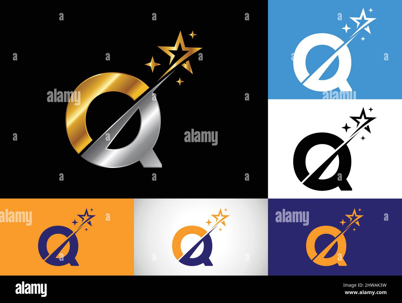 Initial Q monogram letter alphabet with swoosh and star logo icon ...