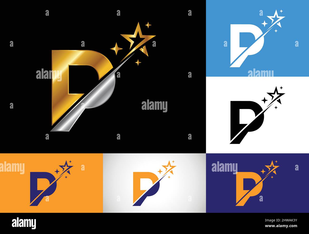 Initial P monogram letter alphabet with swoosh and star logo icon ...