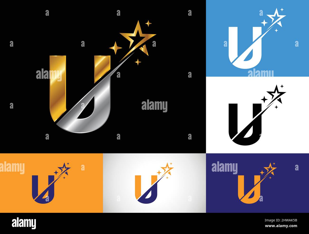 Initial U monogram letter alphabet with swoosh and star logo icon ...