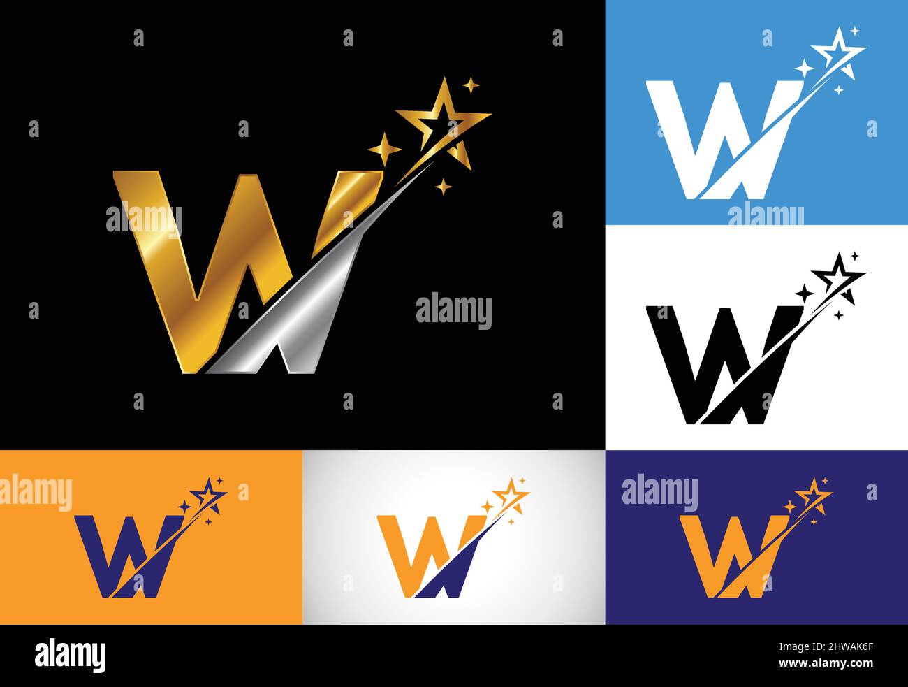Initial W monogram letter alphabet with swoosh and star logo icon ...