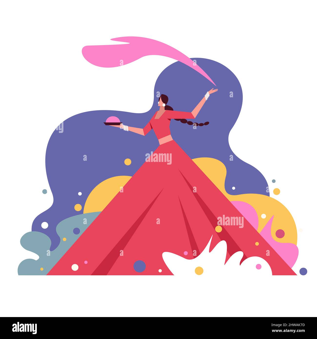 Illustration of a girl celebrating Holi by dancing in splash of colours ...