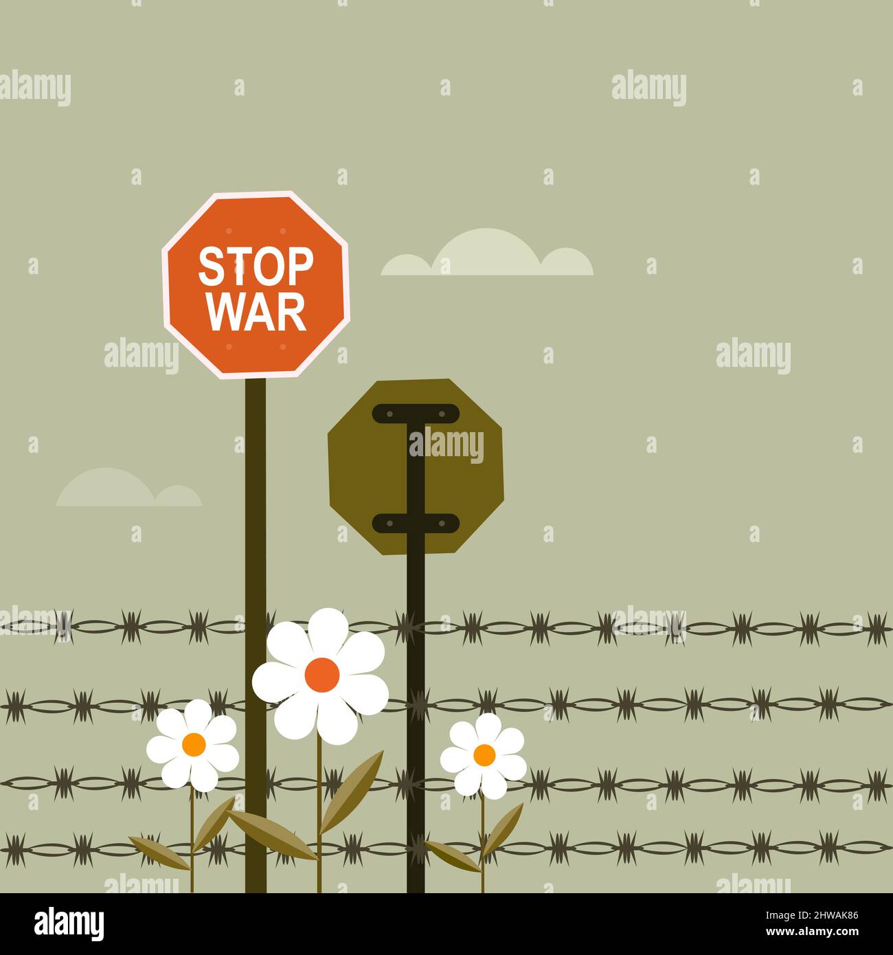 'Stop War' signages on both sides of a fenced international border ...