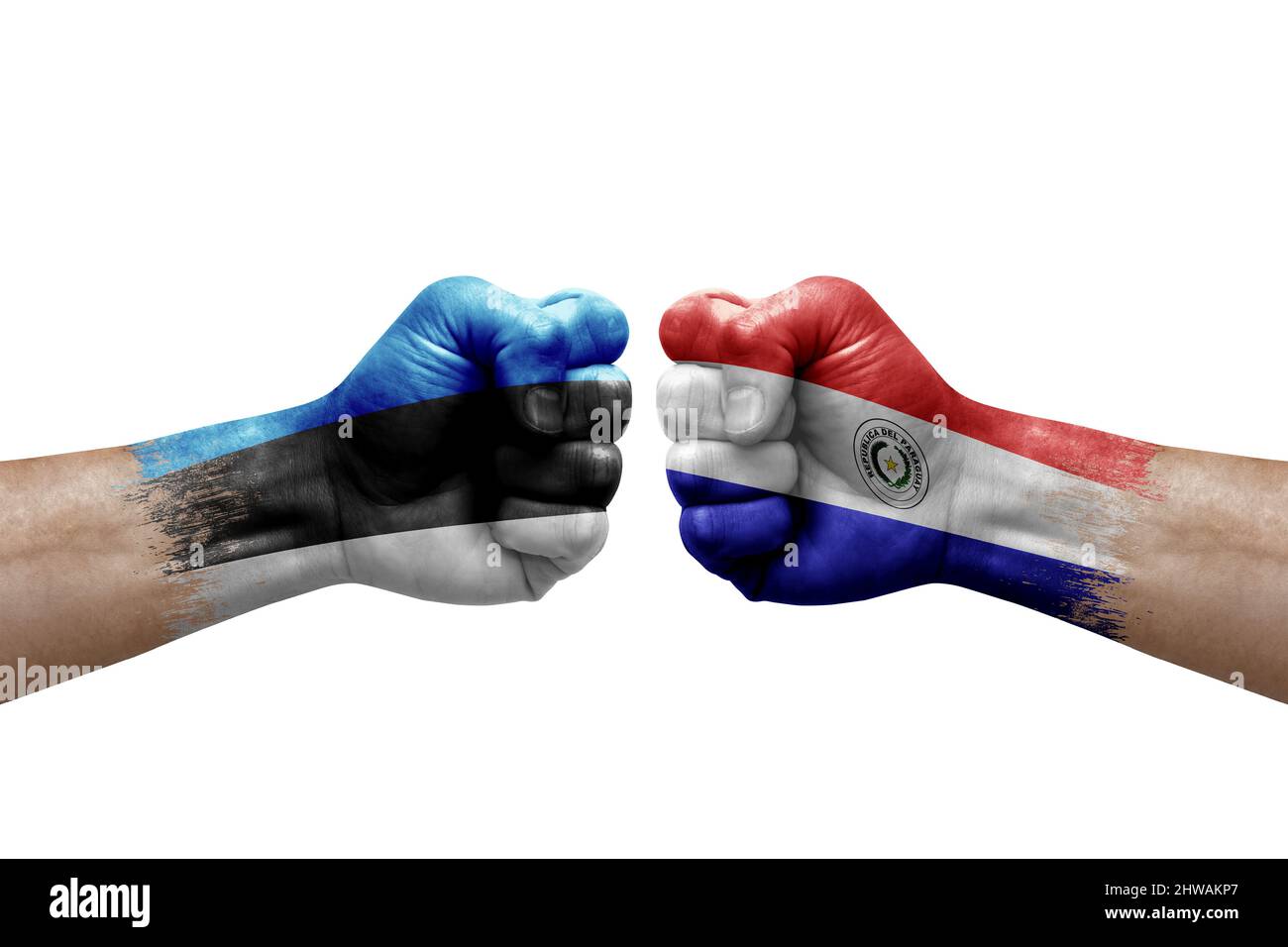 Two hands punch to each others on white background. Country flags ...