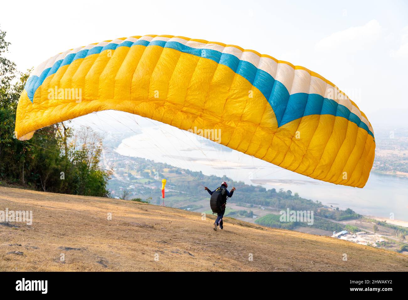 Select focus paragliding, Starting point paraglider flying on mountains ...