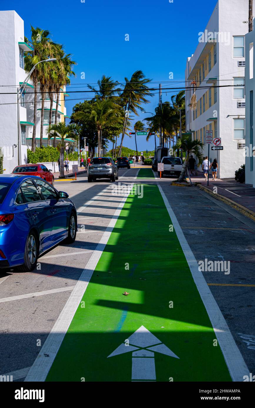 Bike path in the streets of Miami Beach - MIAMI, FLORIDA - FEBRUARY 14 ...