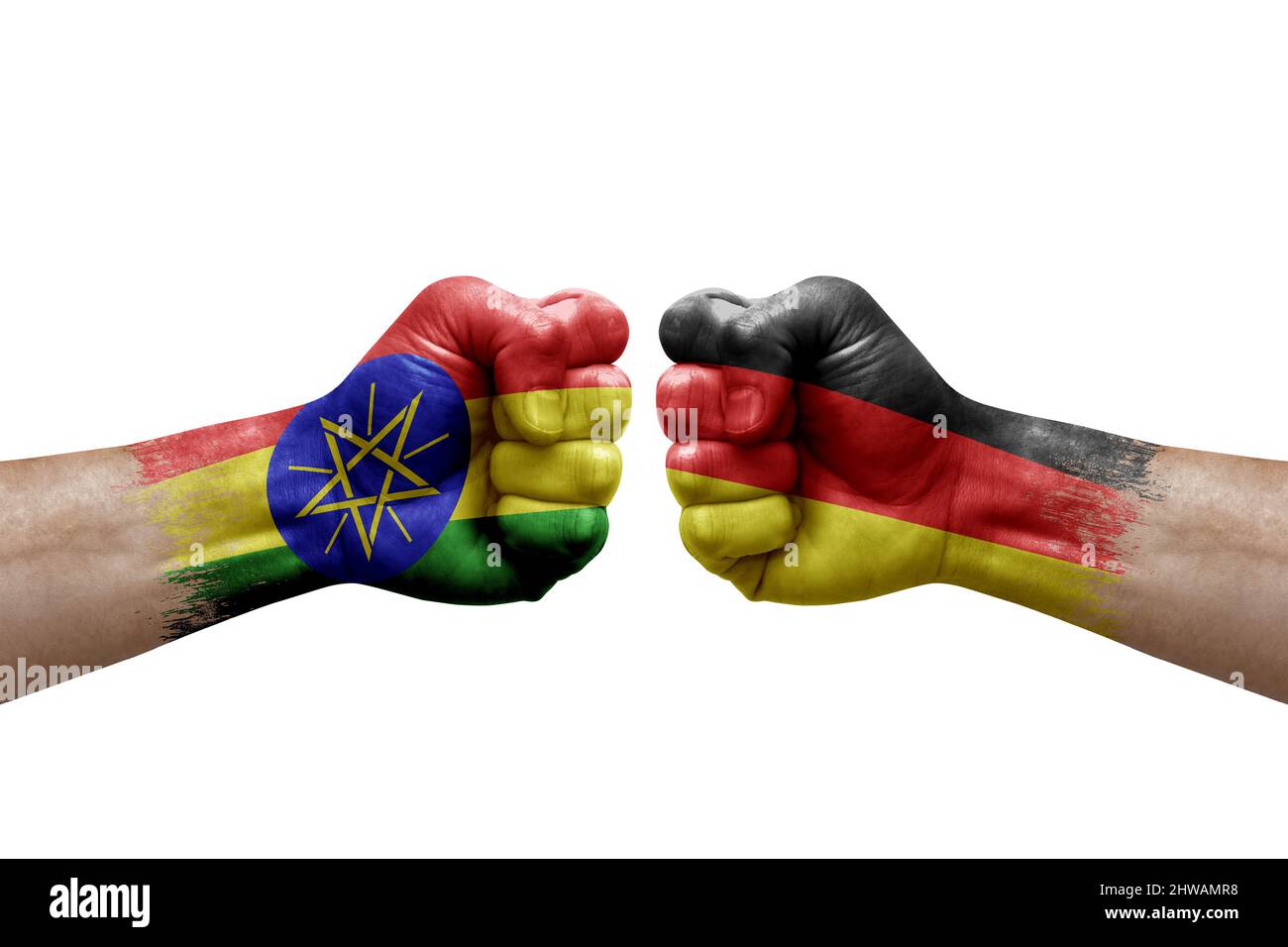 Two hands punch to each others on white background. Country flags ...