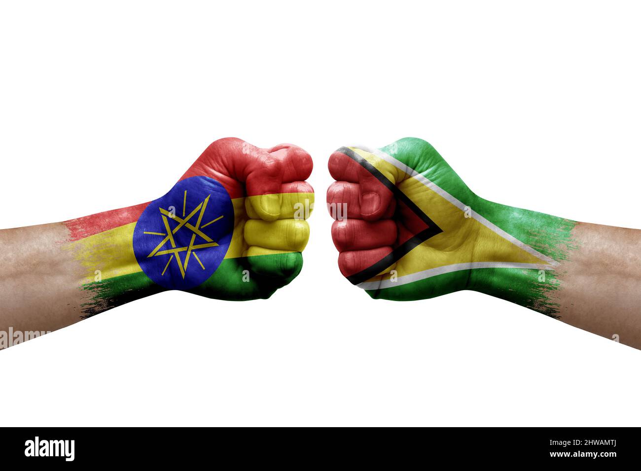 Two hands punch to each others on white background. Country flags ...