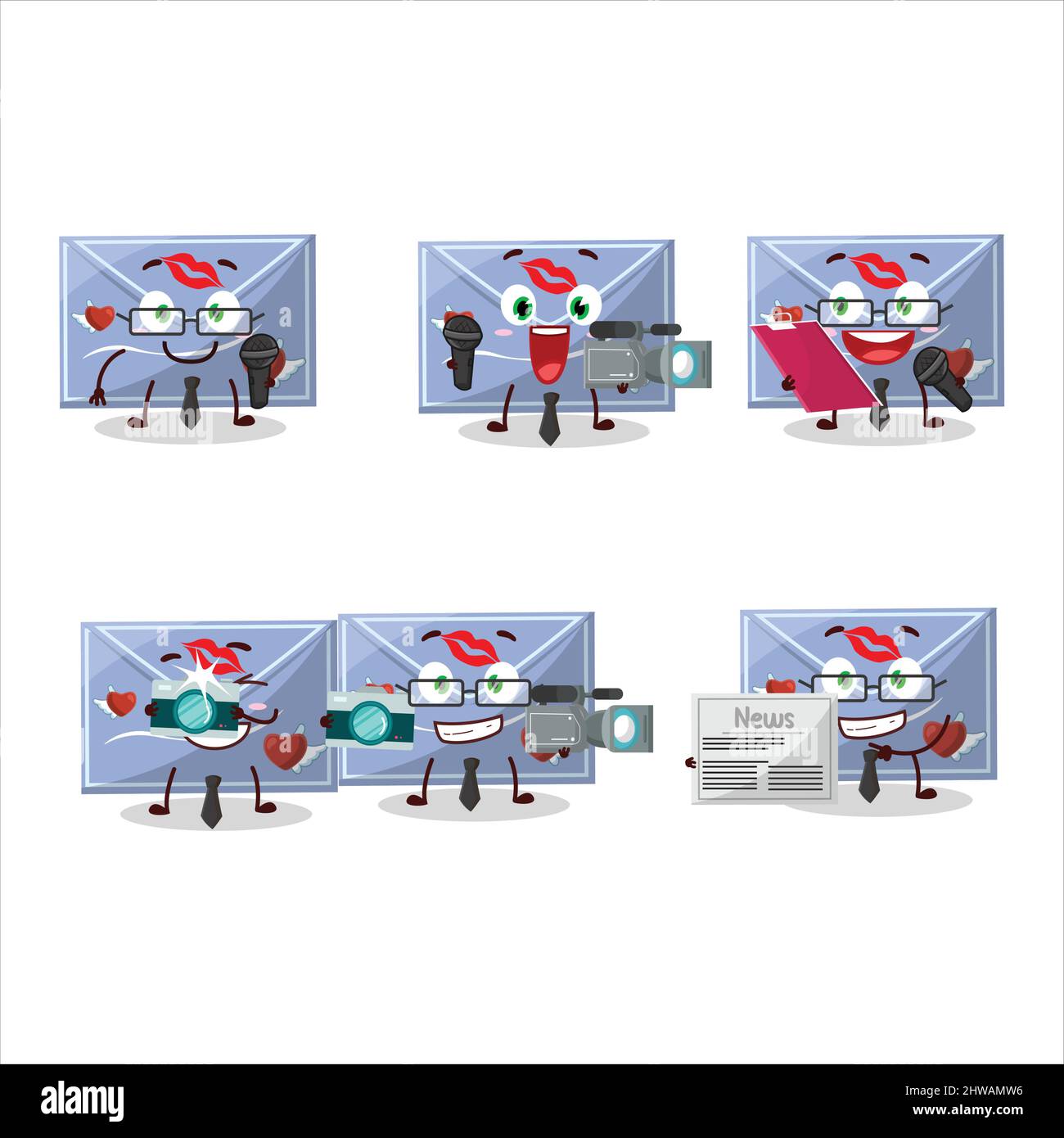 Character reporter blue love envelope cute mascot with microphone ...