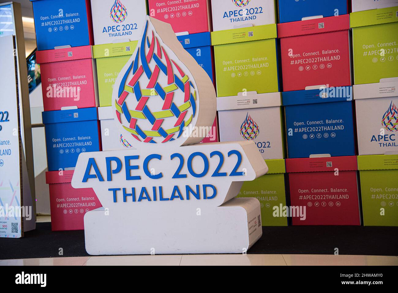 Bangkok, Thailand. 04th Mar, 2022. APEC 2022 Logo seen displayed at ...