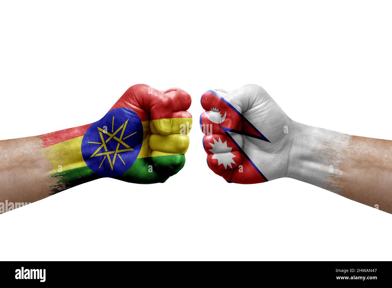 Two hands punch to each others on white background. Country flags ...