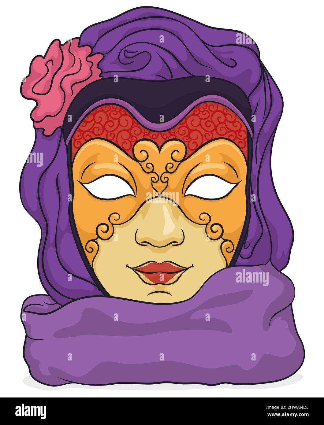 Elegant Volto mask decorated with purple scarf, bandana and flower ...