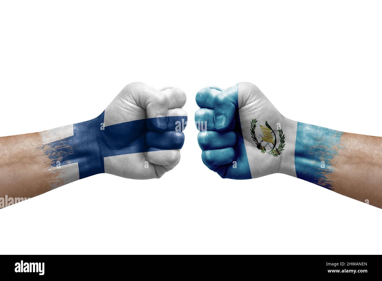 Two hands punch to each others on white background. Country flags ...