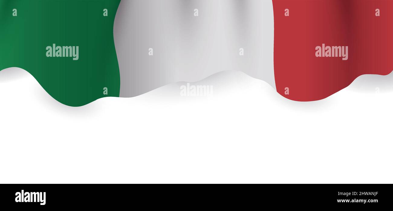 Waving Italian tricolor flag in the top corner, isolated over white ...