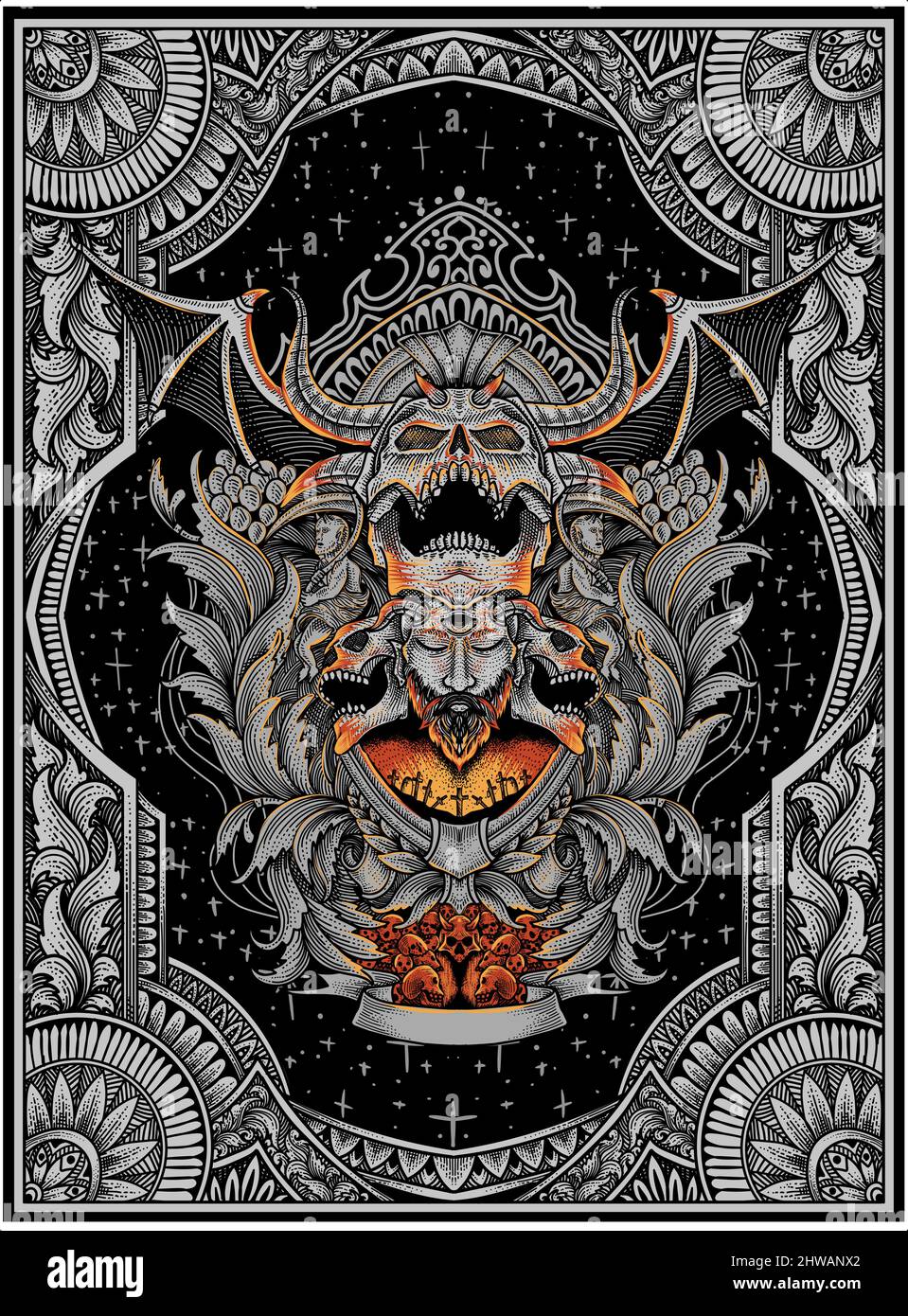 Demon skull with antique engraving pattern-vector illustration Stock ...