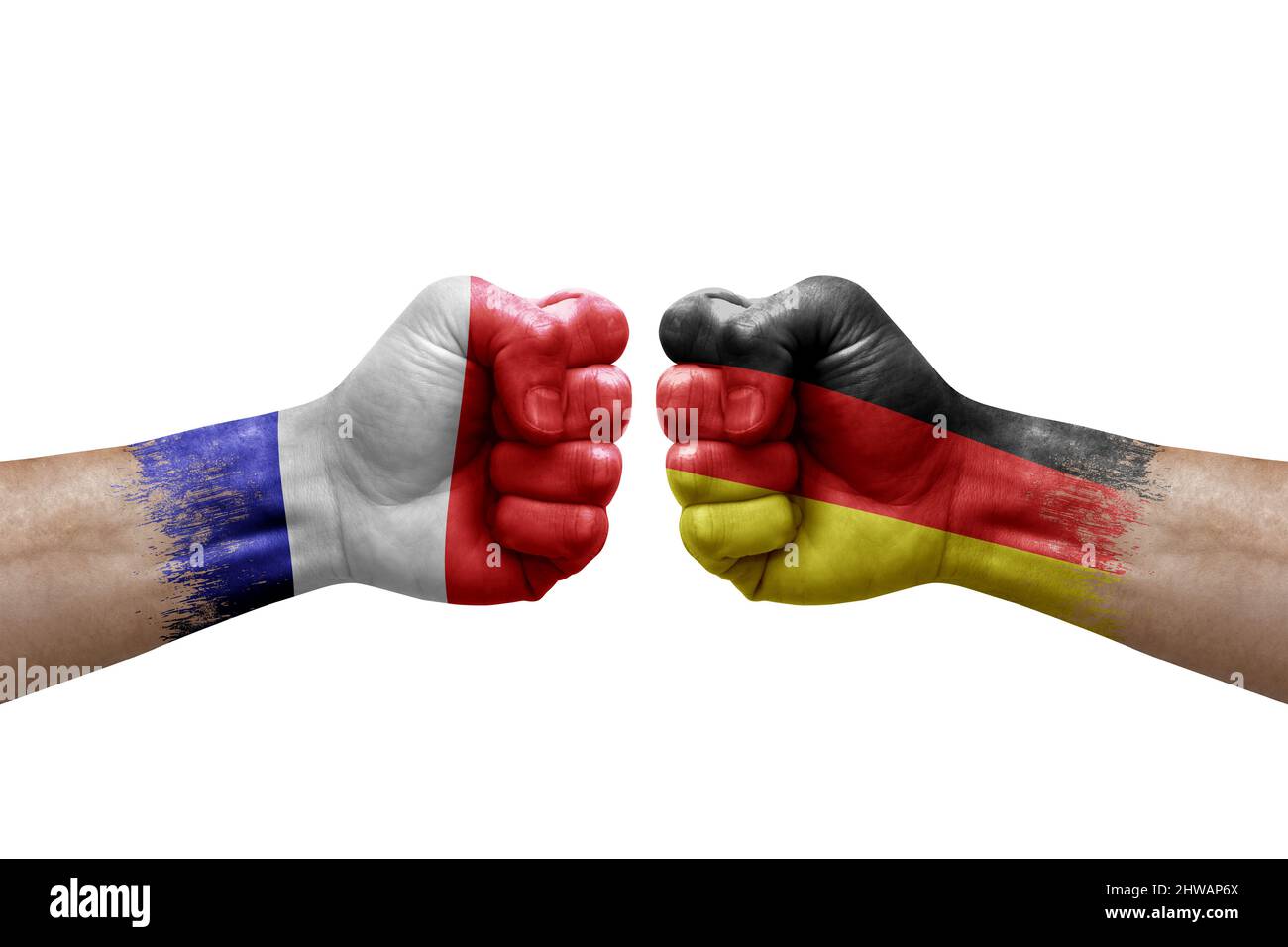 Two hands punch to each others on white background. Country flags ...
