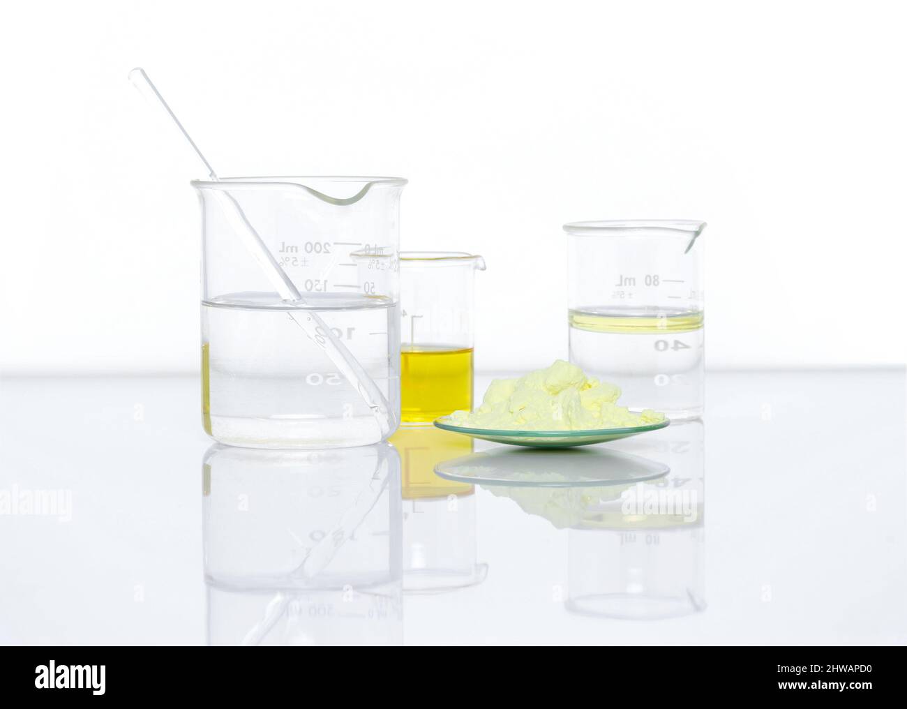 Closeup chemical ingredient on white laboratory table. Sulfur Powder in ...