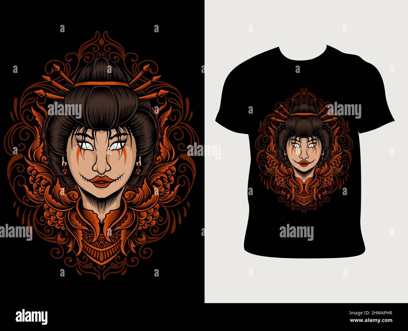 illustration baddass geisha woman with engraving ornament Stock Vector ...