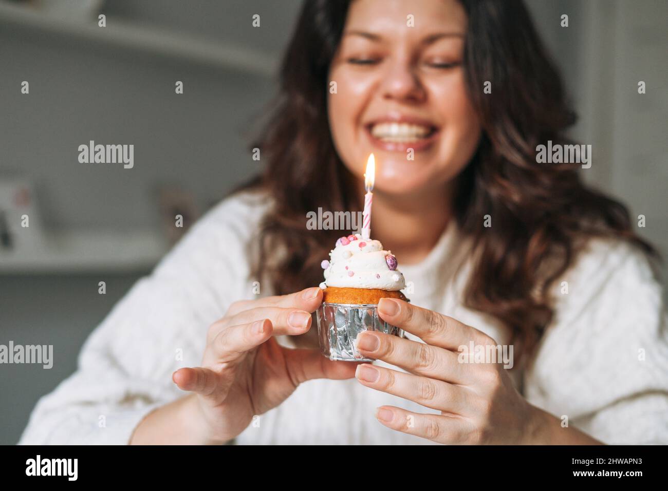 Young adult happy beautiful woman forty years plus size body positive ...