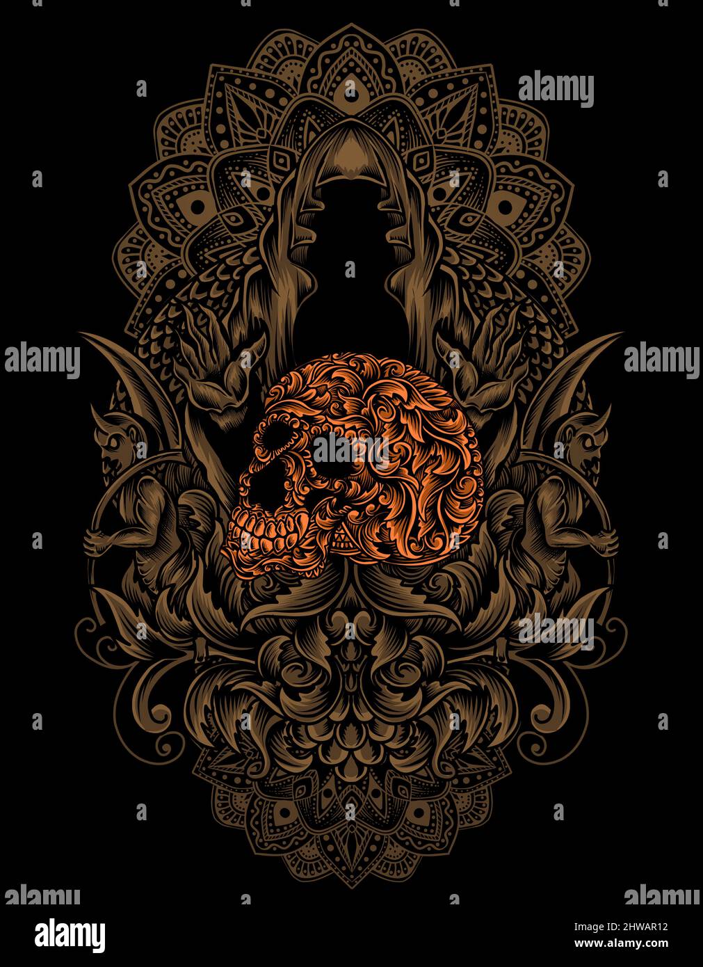 illustration vector antique skull head engraving ornament style Stock ...