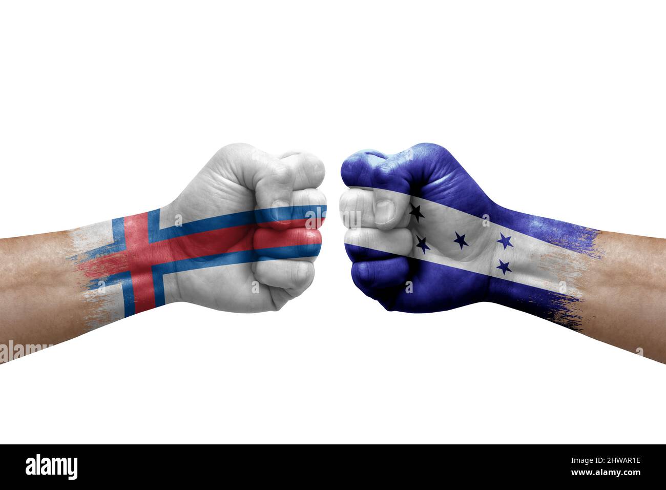 Two hands punch to each others on white background. Country flags ...