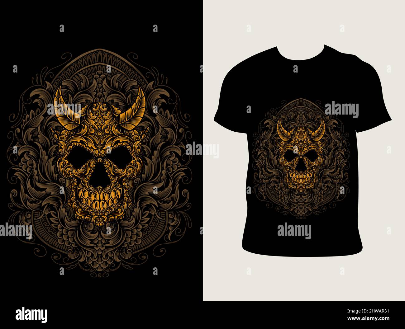 illustration vector demon skull head engraving ornament style Stock ...
