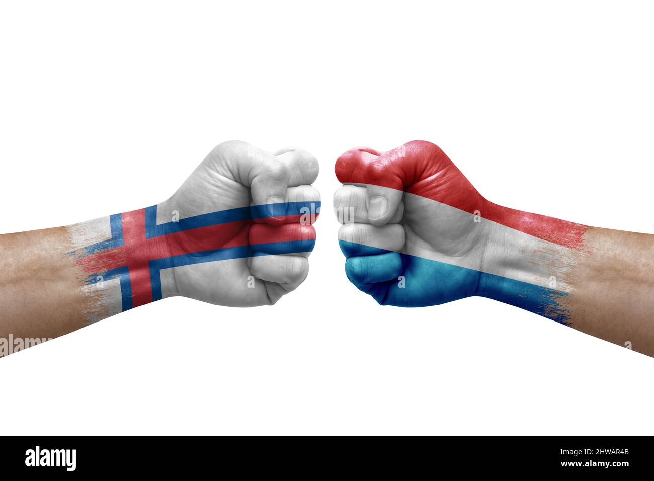 Two hands punch to each others on white background. Country flags ...