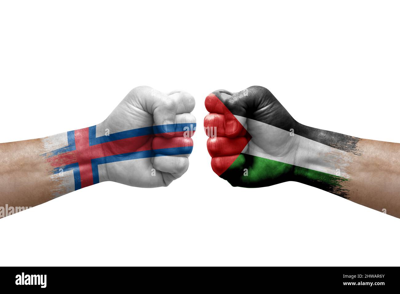 Two hands punch to each others on white background. Country flags ...