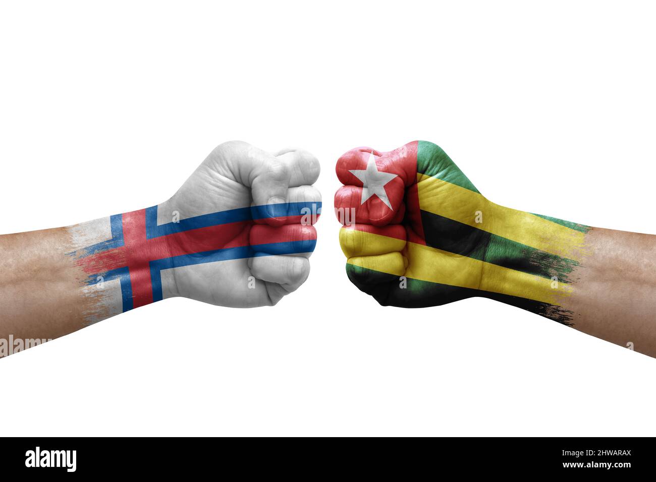 Two hands punch to each others on white background. Country flags ...