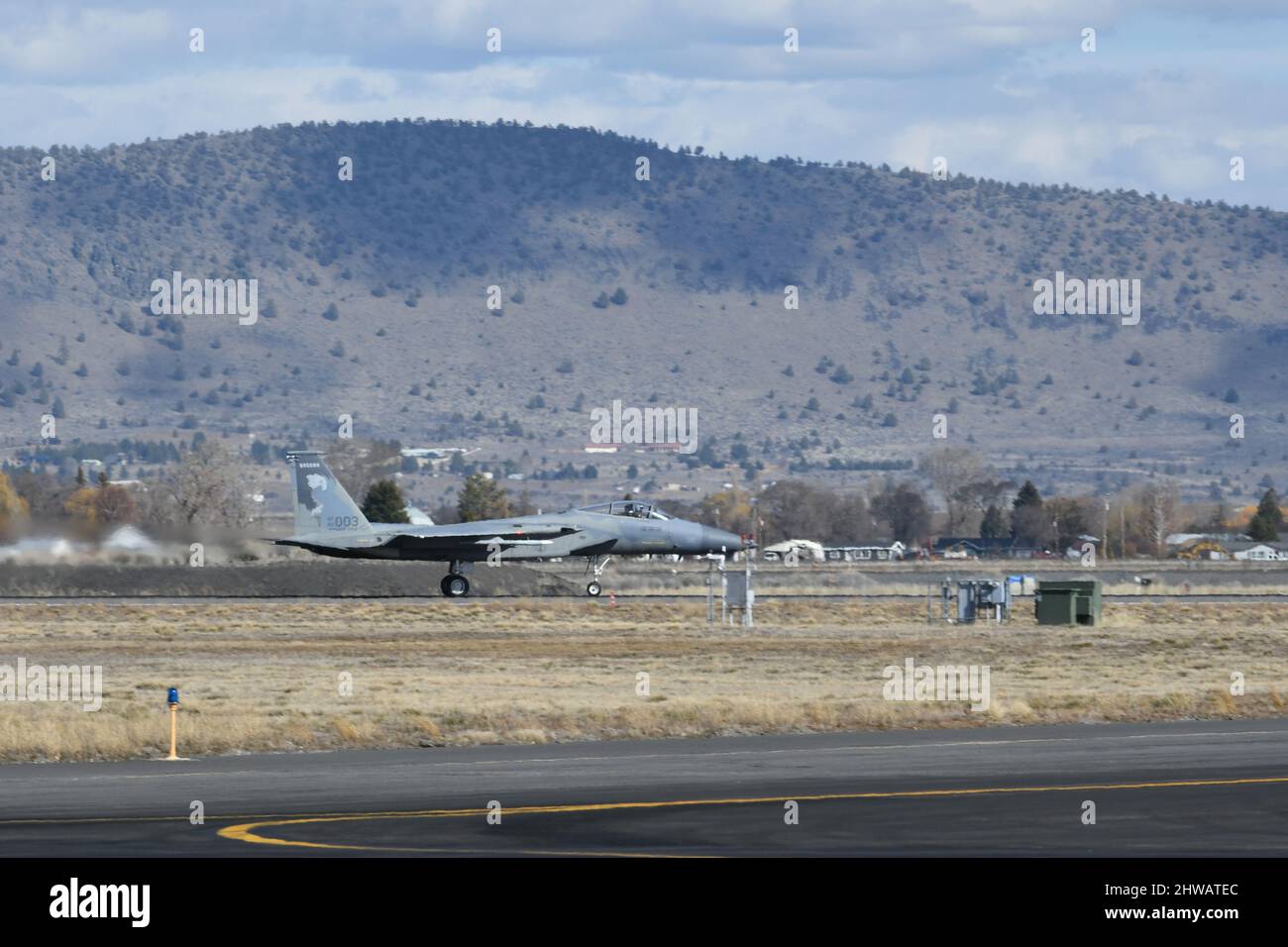 A U.S. Air Force F-15C Eagle takes off down the runway for a routine ...