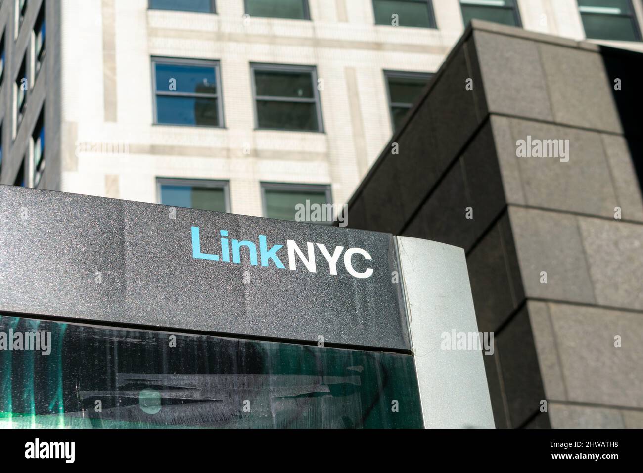 LinkNYC sign on Wi-Fi kiosk on the street in Manhattan - New York, USA ...