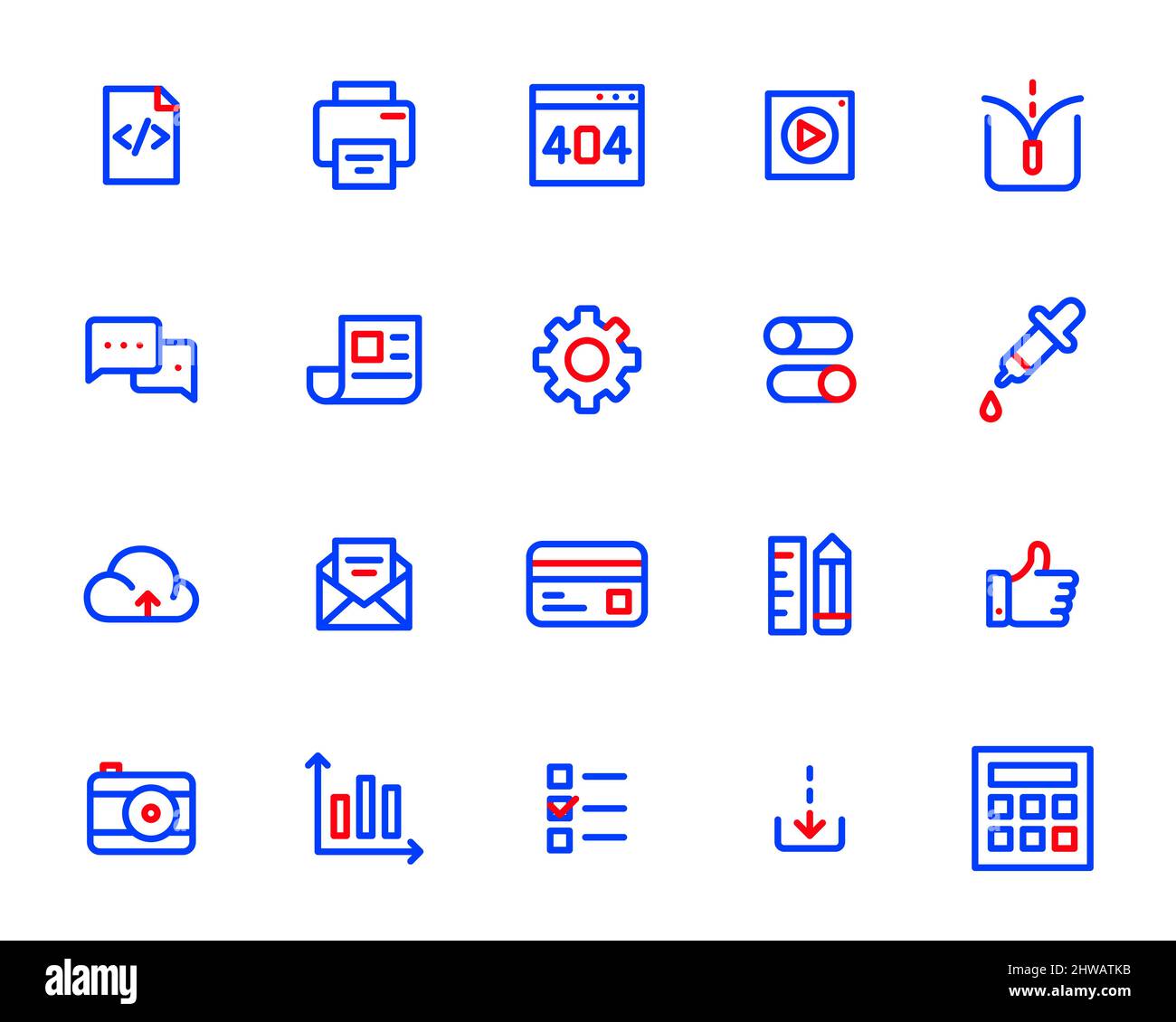 Simple line art two color ui icons set. HTML, print, video file, unzip ...