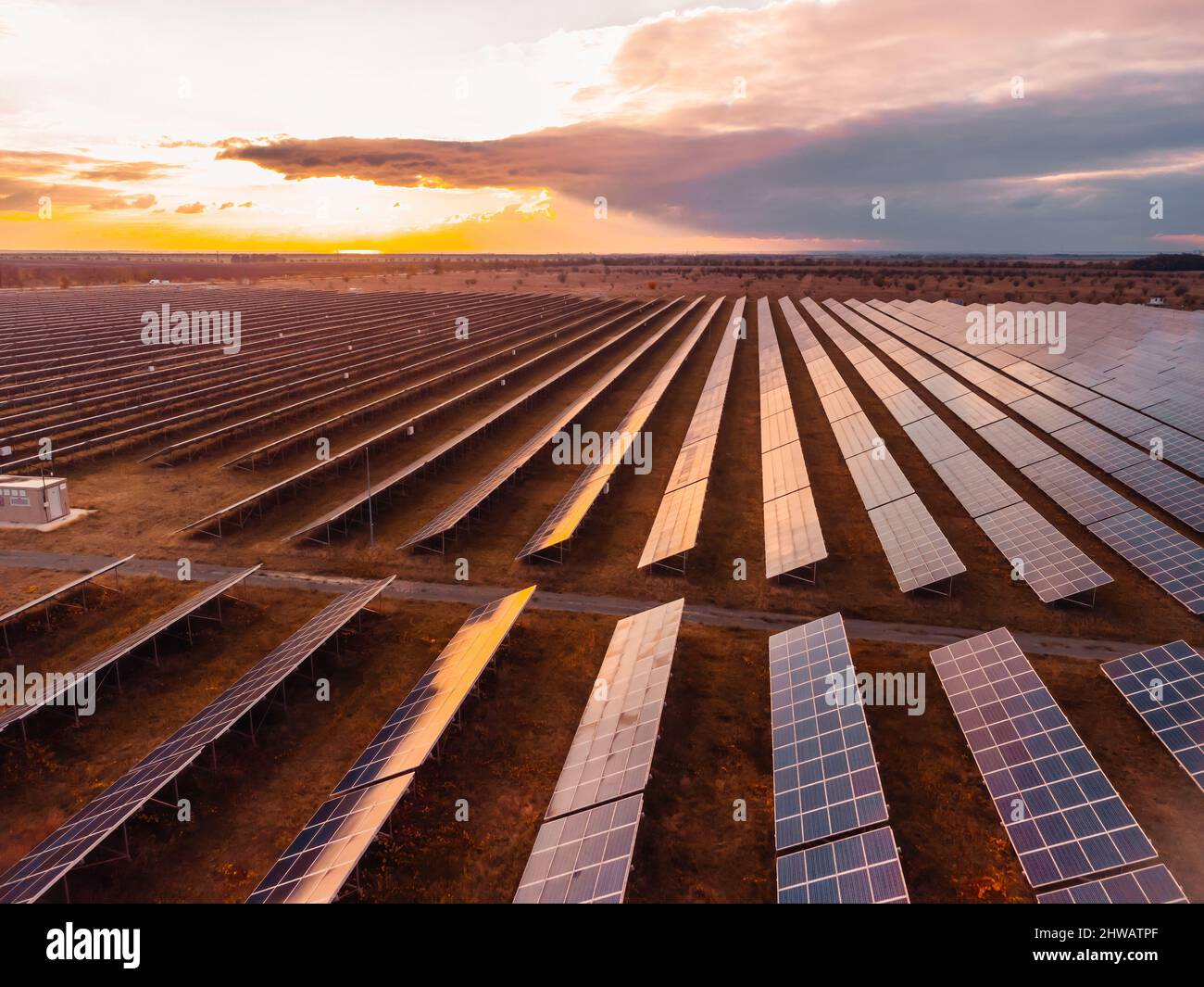 Aerial top view of a solar panels power plant. Photovoltaic solar ...