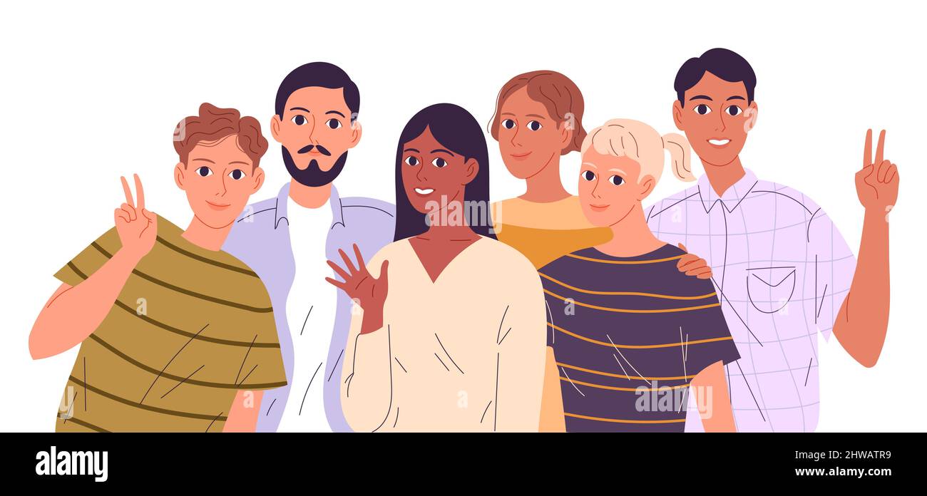 Group portrait of happy students. Flat cartoon vector illustration ...