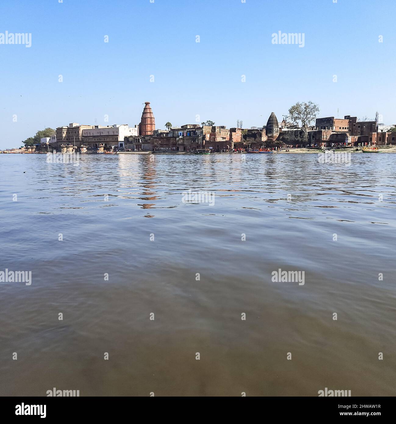 Yamuna River view from the boat in the day at Vrindavan, Krishna temple ...