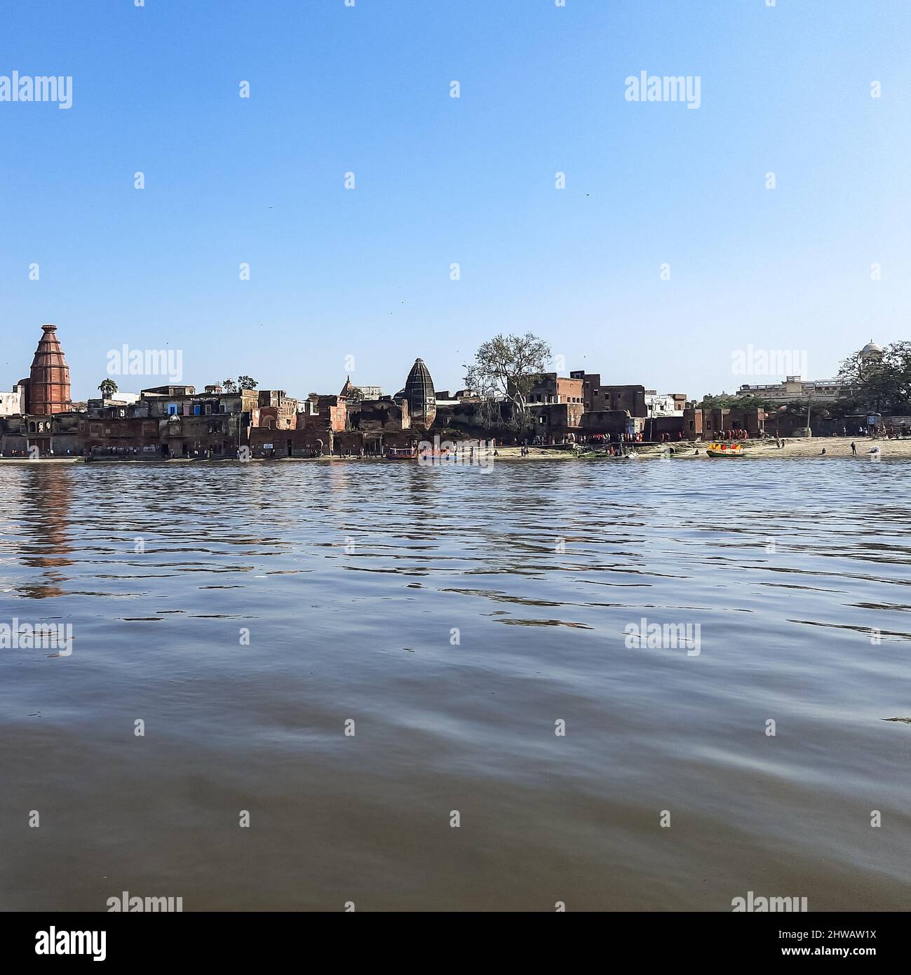 Yamuna River view from the boat in the day at Vrindavan, Krishna temple ...