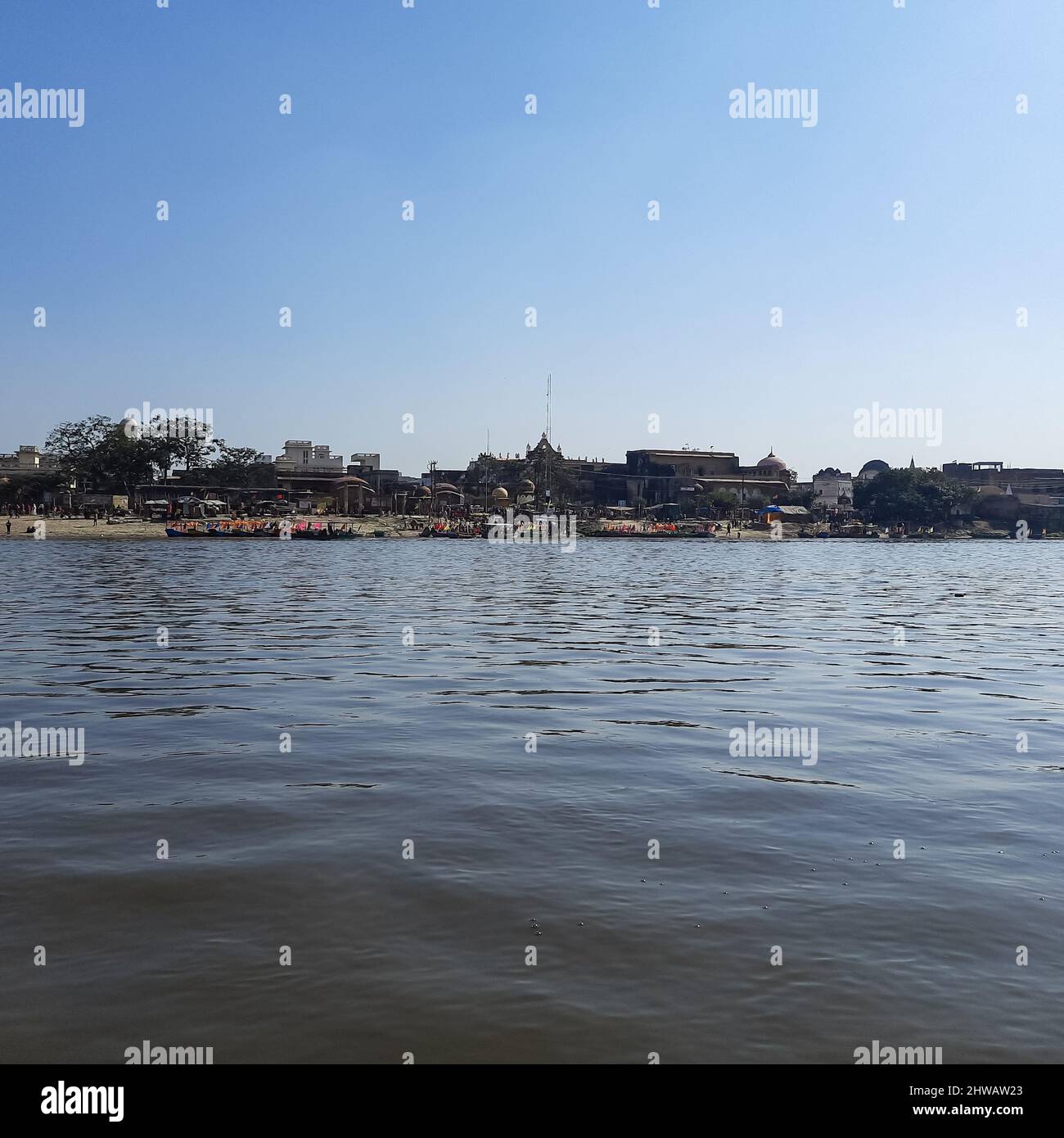 Yamuna River view from the boat in the day at Vrindavan, Krishna temple ...